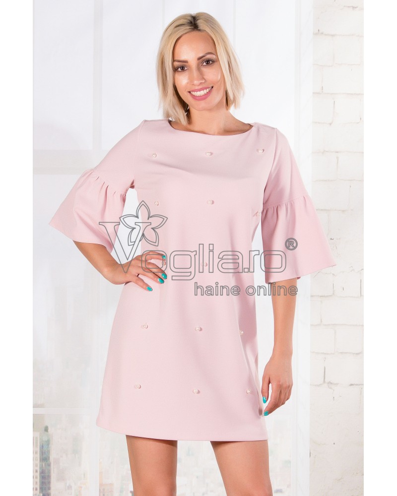 ROCHIE ELEGANTA ROZ PUDRA CU PERLE ALBE